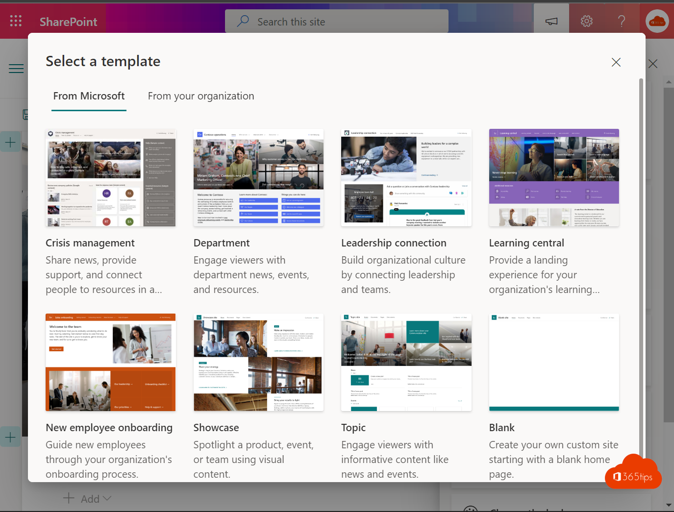 Apply default templates to SharePoint Online - Template chooser